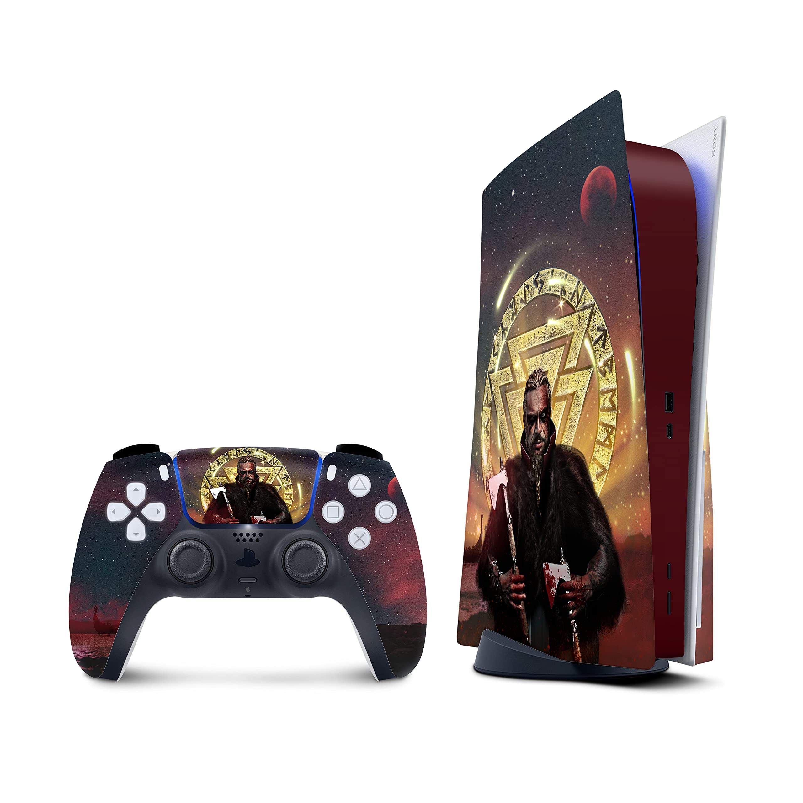TACKY DESIGN PS5 Vikings Skin for PlayStation 5 Console and 2 Controllers, Brown skin Vinyl 3M Decal Stickers Full wrap Cover (Disk Edition)