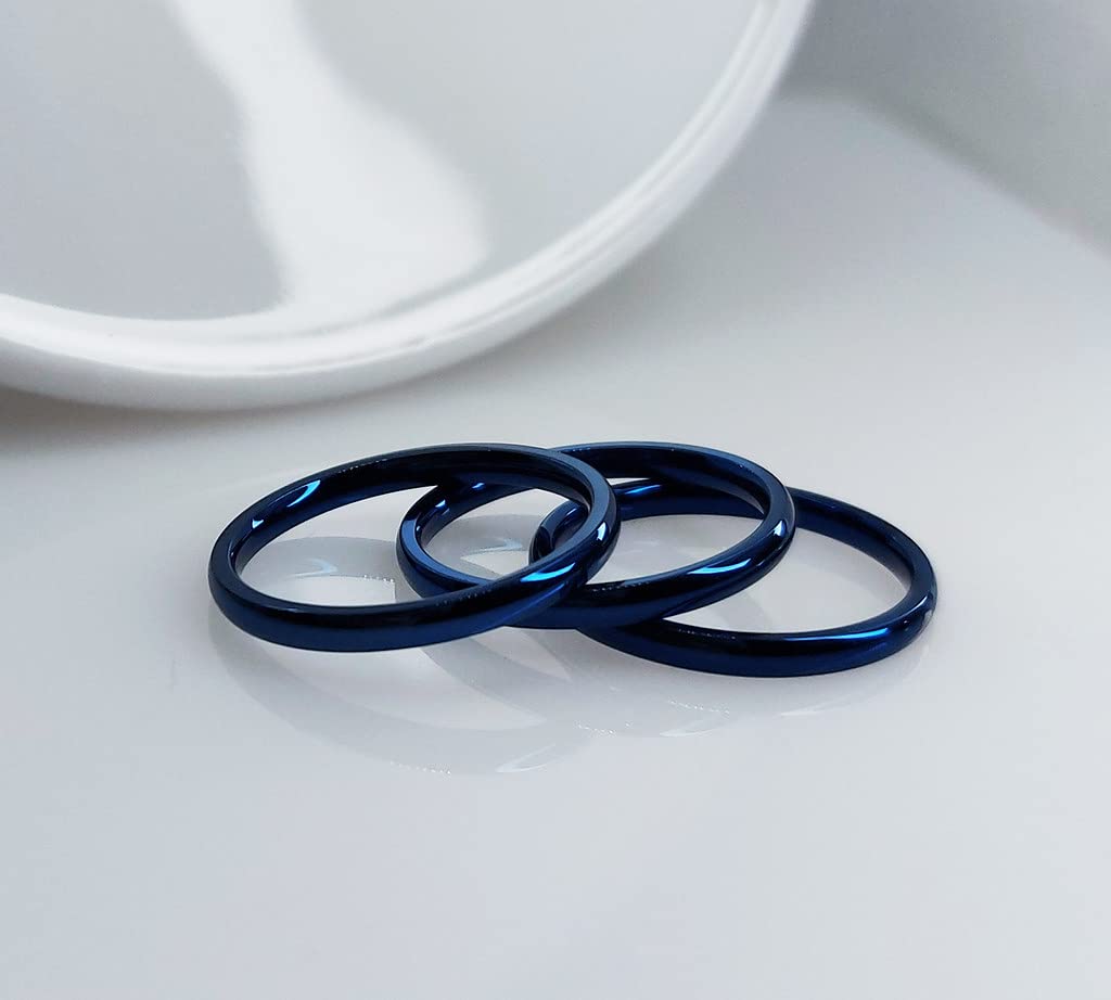 SILVERLINE JEWELRY 2mm Stainless Steel Comfort Fit Unisex Wedding Engagement Band Stacking Ring Set of 3 Rings/Blue, Size 5.5