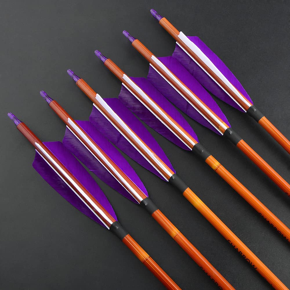SHARROW 30 Inch Archery Carbon Arrows Bamboo Pattern Shaft 500 Spine Practice Hunting Arrows with Natural Feather Fletching for Archery Hunting Target Shooting 6/12pcs (12pcs)