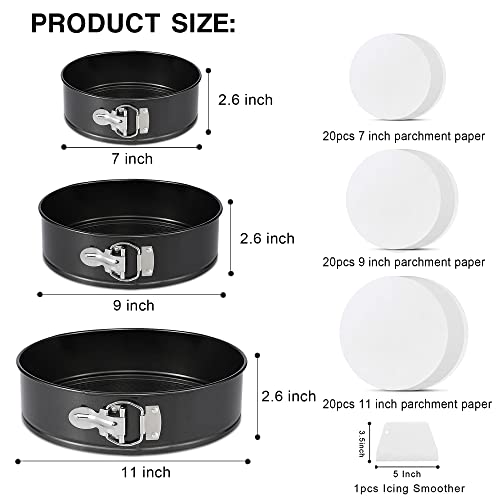 Springform Pan Set, Nonstick 3pcs (7 9 11 Inch) Springform Pans Cheesecake Pan Removable Bottom, Leakproof Round Spring Form Pans Cake Pans Sets for Baking and 60 Pcs Parchment Paper liners