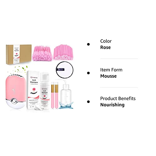 Qiveaory 150ml/5.07fl.oz Eyelash Extension Cleanser Extension Lash Shampoo Brush Mini USB Portable Lash Fan Mascara Brush Disposable Microbrush Wash Bottle Reusable Makeup Remover Pad Gentle Cleaning