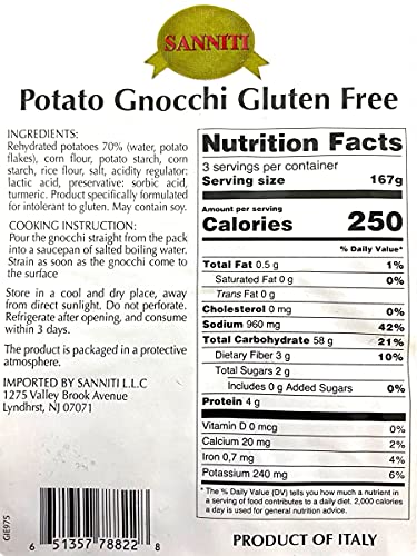 Sanniti Italian Gluten Free Potato Gnocchi, 17.5 oz (500 g) (Pack of 4)