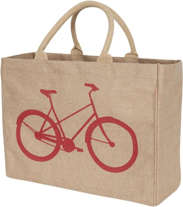 MyOrganicBag Handmade Jute Market Tote Bag with Bicycle Print, Durable Handle, Reinforced Bottom, Generous capacity, 12.5" tall x 17" wide x 7" deep β Made in India