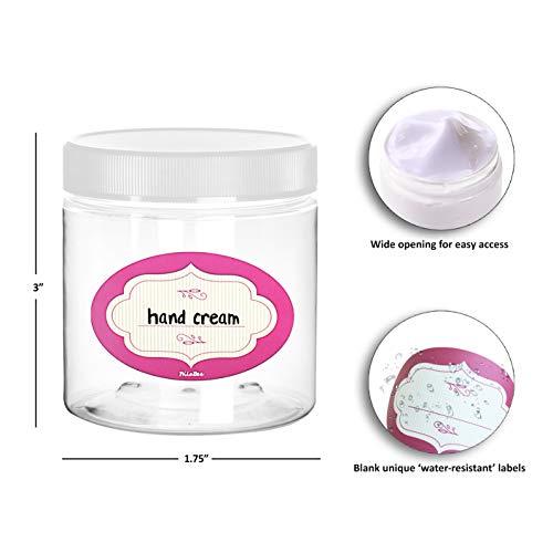 Pack of 24-8 Ounce Empty Plastic Cosmetic Jars – 8 oz Round Clear Slime containers with White Lids and labels - BPA Free - For Kitchen Storage Use, Slime, Beauty Products, Cosmetic, Lotion and more