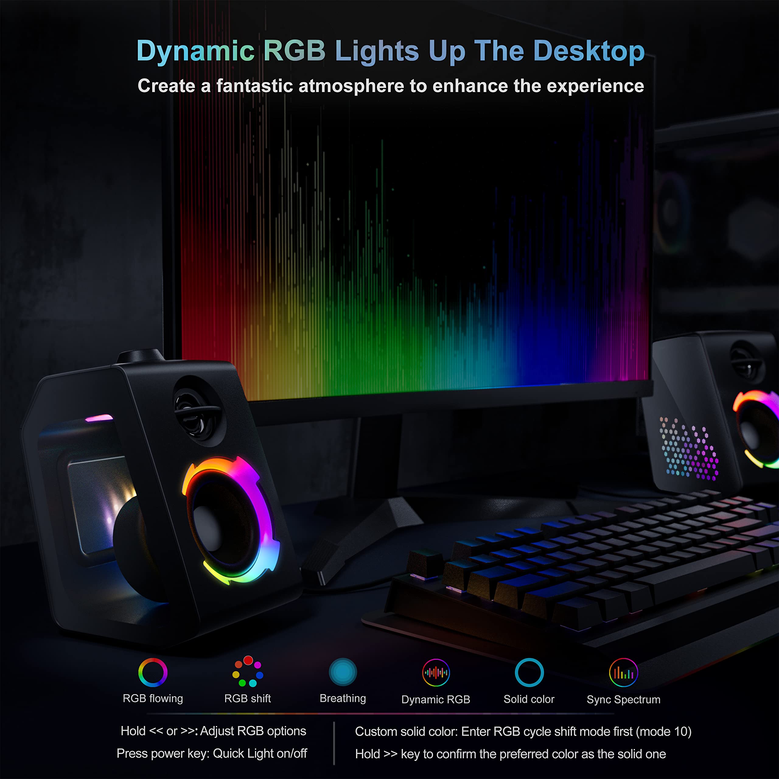 weenon Computer Speakers Desktop, Compact Dynamic RGB PC Gaming Speaker with Clear Case Subwoofer Surround Sound Bluetooth 5.0, 12 RGB Modes, Built-in Mic for PC Monitor, Laptop, 12V2A