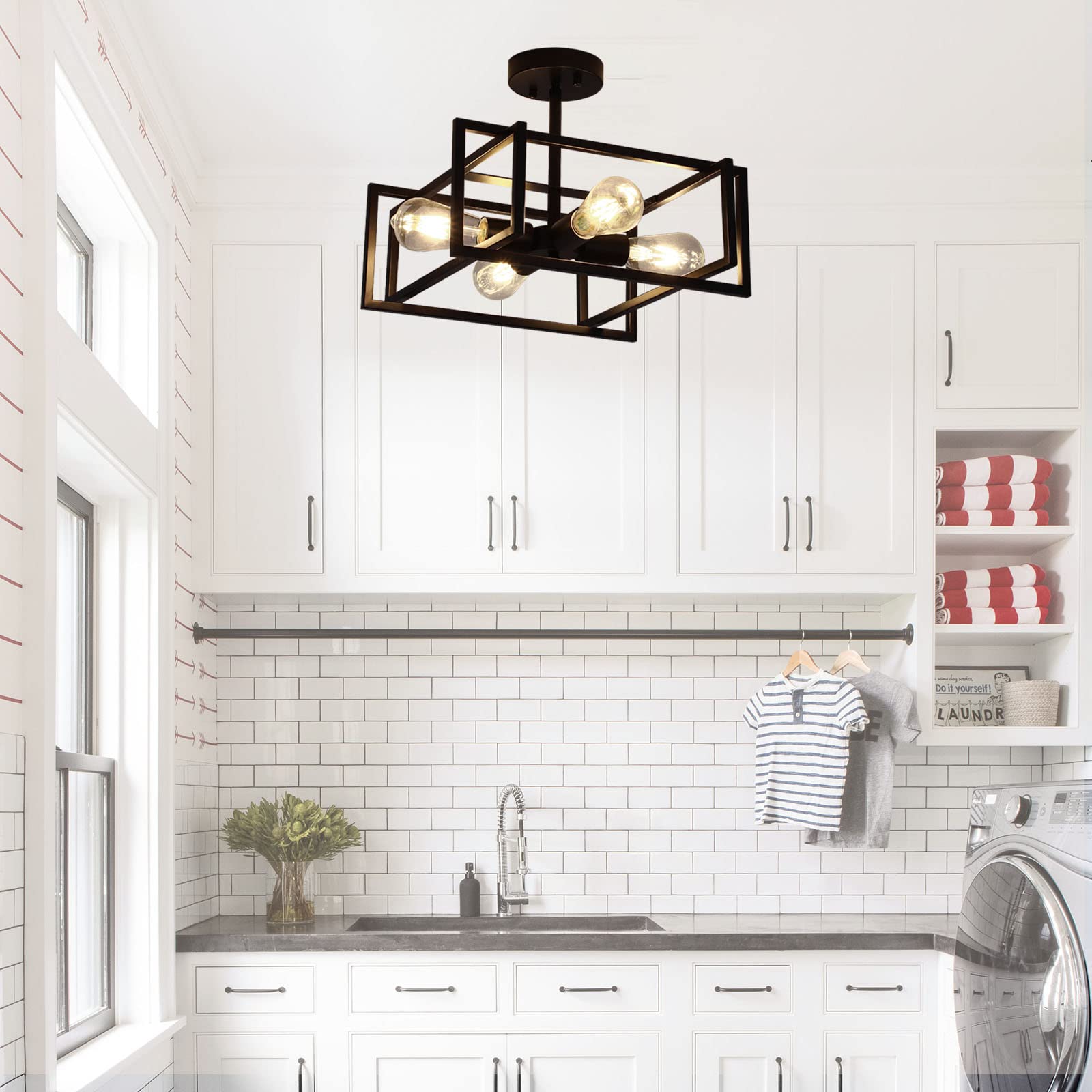 Minyuco Black Ceiling Light Fixtures - 4-Light Industrial Farmhouse Flush Mount Ceiling Lighting,Vintage Metal Chandelier Ceiling Lamp for Kitchen Living Room Bedroom Hallway Laundry Entryway