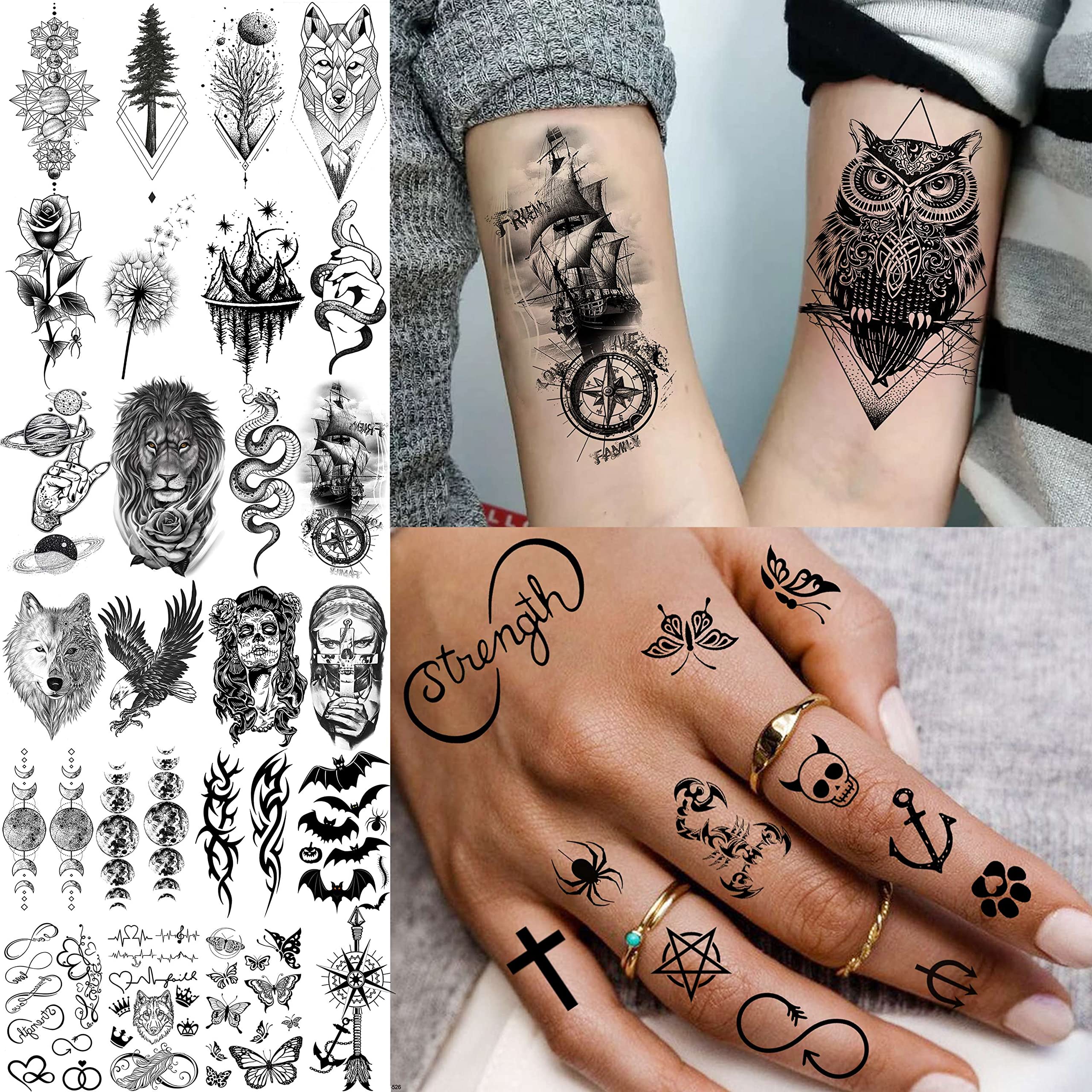 Rejaski 66 Sheets Black Eagle Dragon Temporary Tattoos For Men Women Thigh, Scary Halloween Tiger Lion Devil Skull Fake Tattoos For Adults, 3D Wolf Large Half Arm Sleeve Realistic Tatoo Forearm Teens