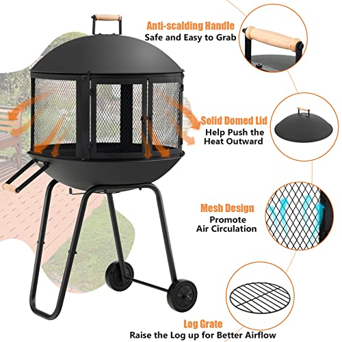 Tangkula Portable Fire Pit with Wheels, 28 Inch Wood Burning Fire Pit with Log Grate, Poker, Rolling Patio Fireplace Wooden Bonfire Firepit for Outdoor Entertaining Black