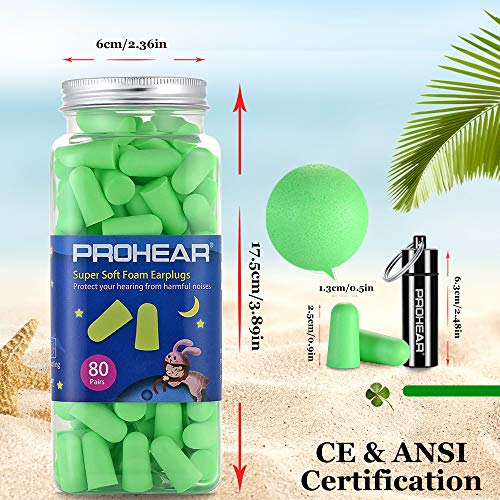 PROHEAR Foam Earplugs 80 Pairs, Ultra Soft Sleeping Ear Plugs Upgraded SNR 38dB Noise Reduction Hearing Protection, Easy Usuable Ear Plugs for Sound Blocking Sleeping, Snoring, School Library (Green)
