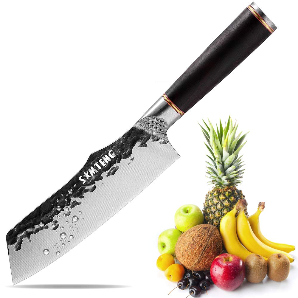 SMTENG Nakiri Knife 7 Inch Professional Chef Knife 3 layer 9CR18MOV clad steel hammered with Ergonomic Pakkwood handle kitchen knife for cooking