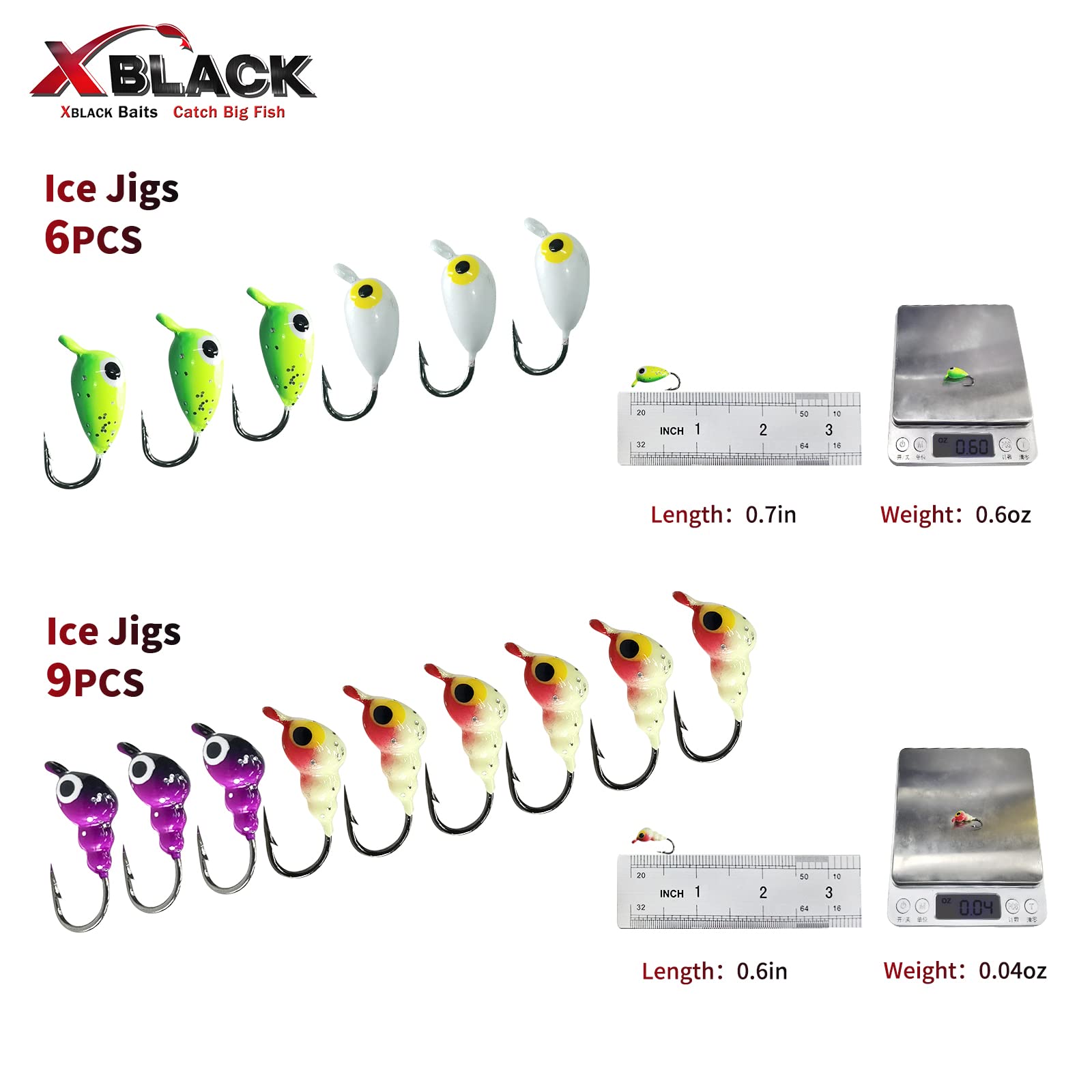 XBLACK Ice Fishing Jigs Kit Ice Fishing Lures 55PCS for Beginner Starter, XBLACK Baits, Catch Big Fish!