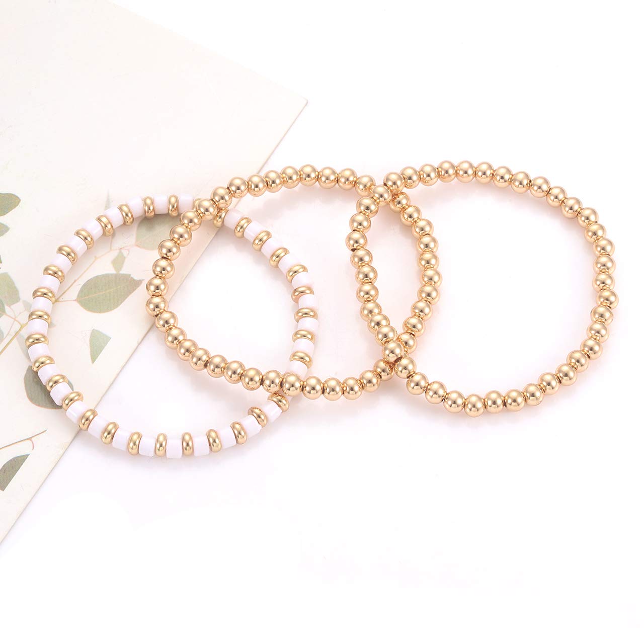 NVENF Gold Bead Bracelets Colorful Tile Bracelet Bangles for Women Stackable Brass Ball Beaded Stretch Bracelets Elasticated White Enamel Bracelets Anniversary Bridal Gift (White)