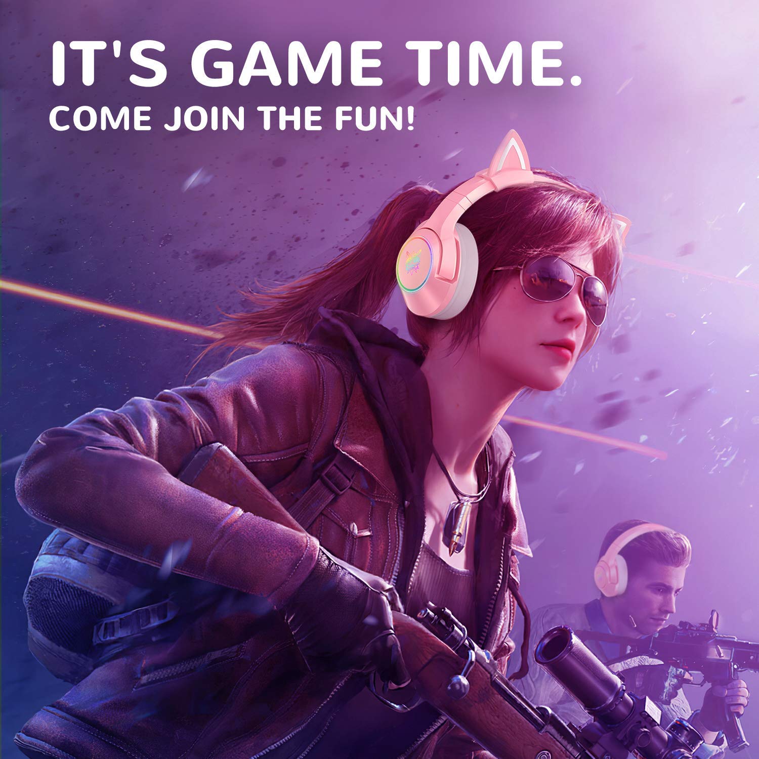 SIMGAL Pink Gaming Headset with Removable Cat Ears, Compatible with PC PS4 PS5 Xbox One(Adapter Not Included) Mobile Phones, with Surround Sound, RGB Backlight & Noise Canceling Retractable Microphone