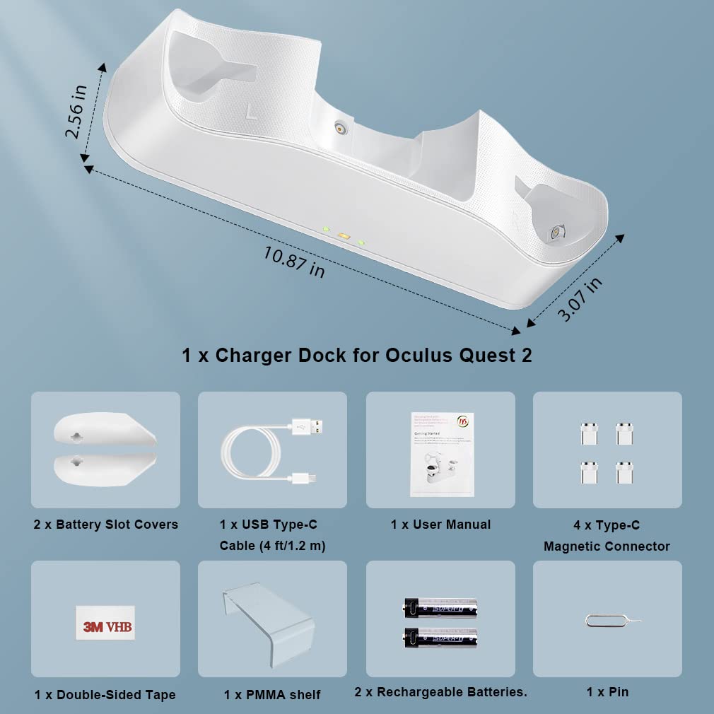 Stand for Oculus Quest 2 Charging Dock Station for Meta Quest 2 Occulusquest2 Accessories for Oculus Quest 2 Charger Supports 3rd Party Strap, 3 LED Indicators, 2 Rechargeable Batteries,USB-C Cable