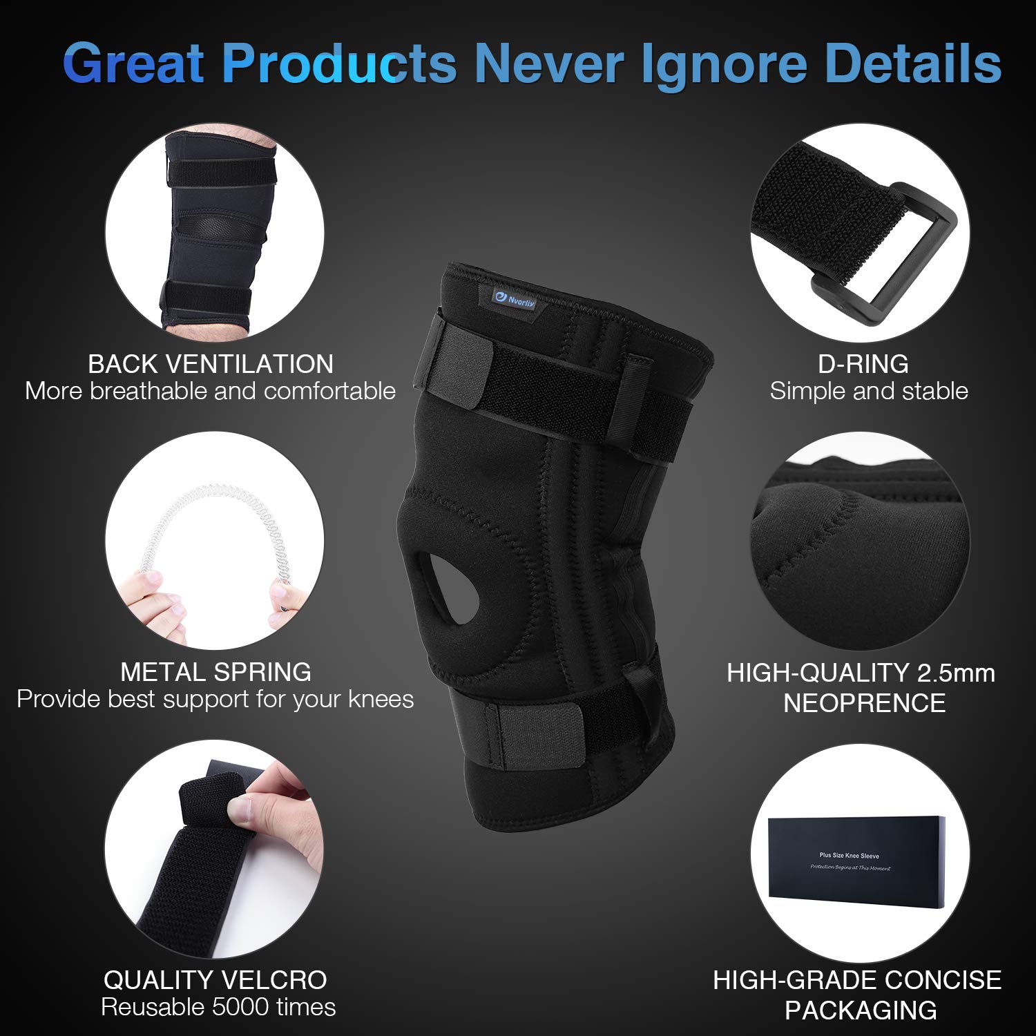 Nvorliy Knee Sleeve Plus Size for Large Leg - Detachable Strap Design, Open-Patella Stabilizer Brace for Arthritis, Tendon, Meniscus and Ligament Injuries, Patellar Tendonitis, Fit Men & Women (5XL)