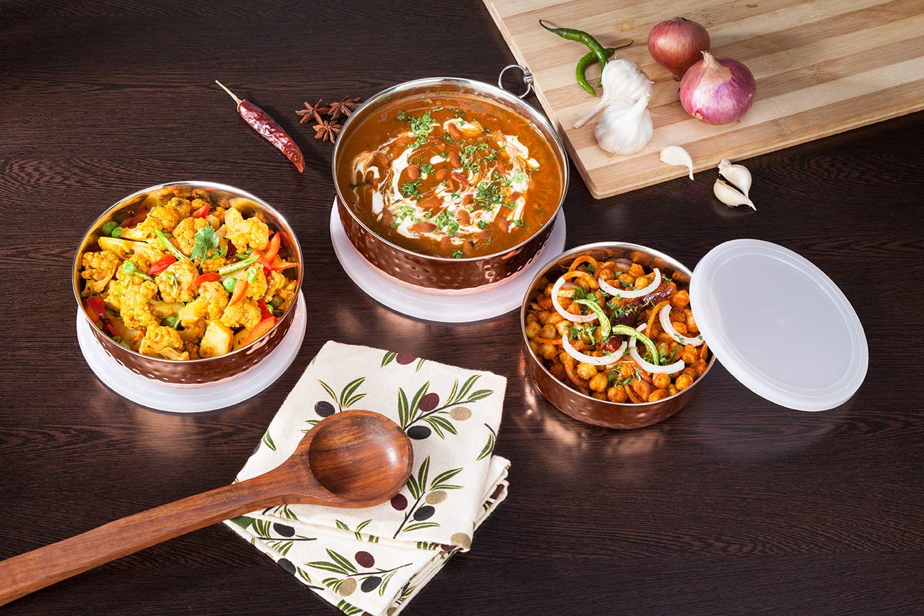 SIGNORA WARE Signoraware Food Storage Bowls - Copper Plated Stainless Steel Stackable Storage Bowl Set with airtight Lids, 3 pc Multi Size Set