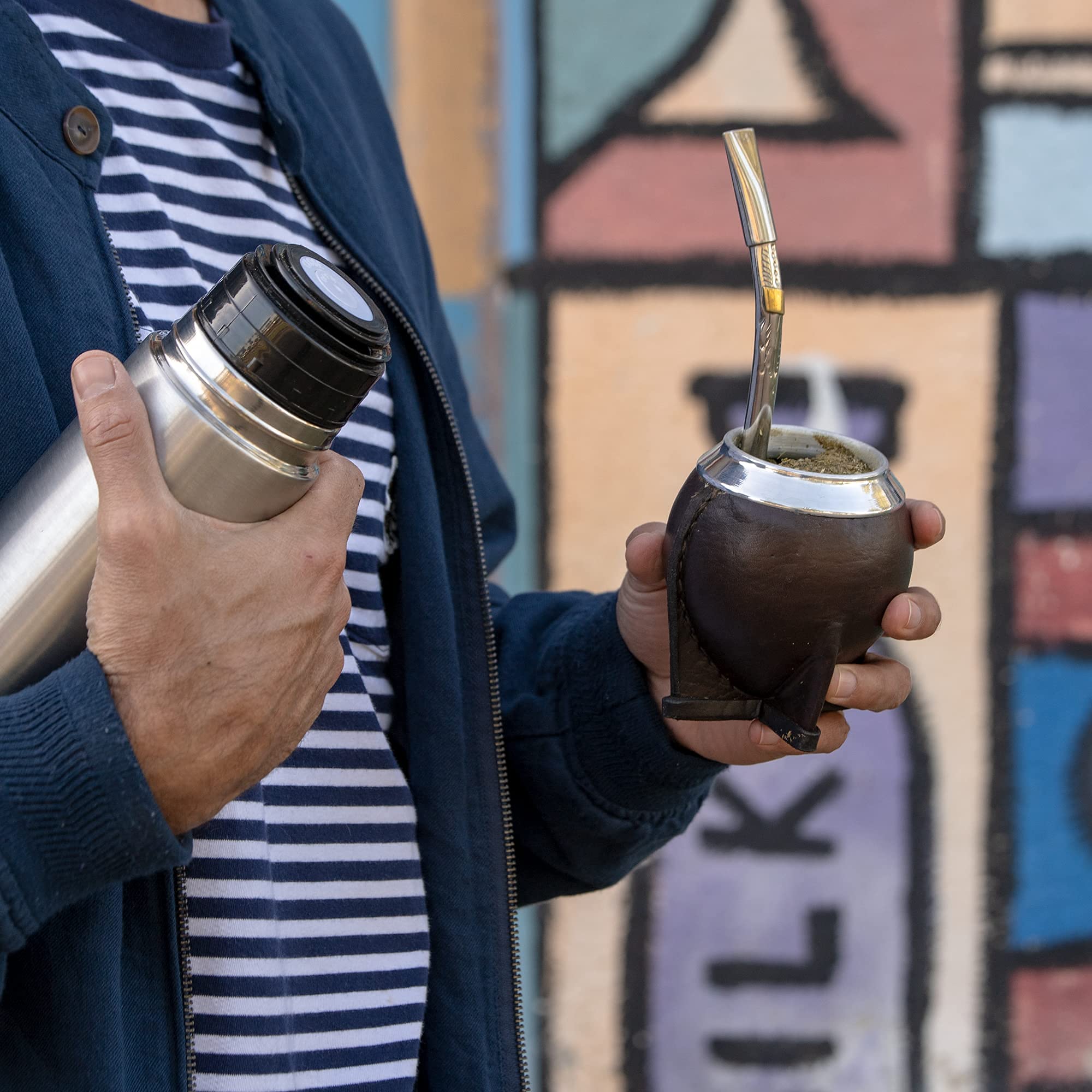 thebmate [Premium Yerba Mate Cup (Mate Gourd) - Crafted Ceramic Teacup β Dark Brown Leather Wrapped Handmade in Uruguay - Mate Torpedo - Torpedo Style