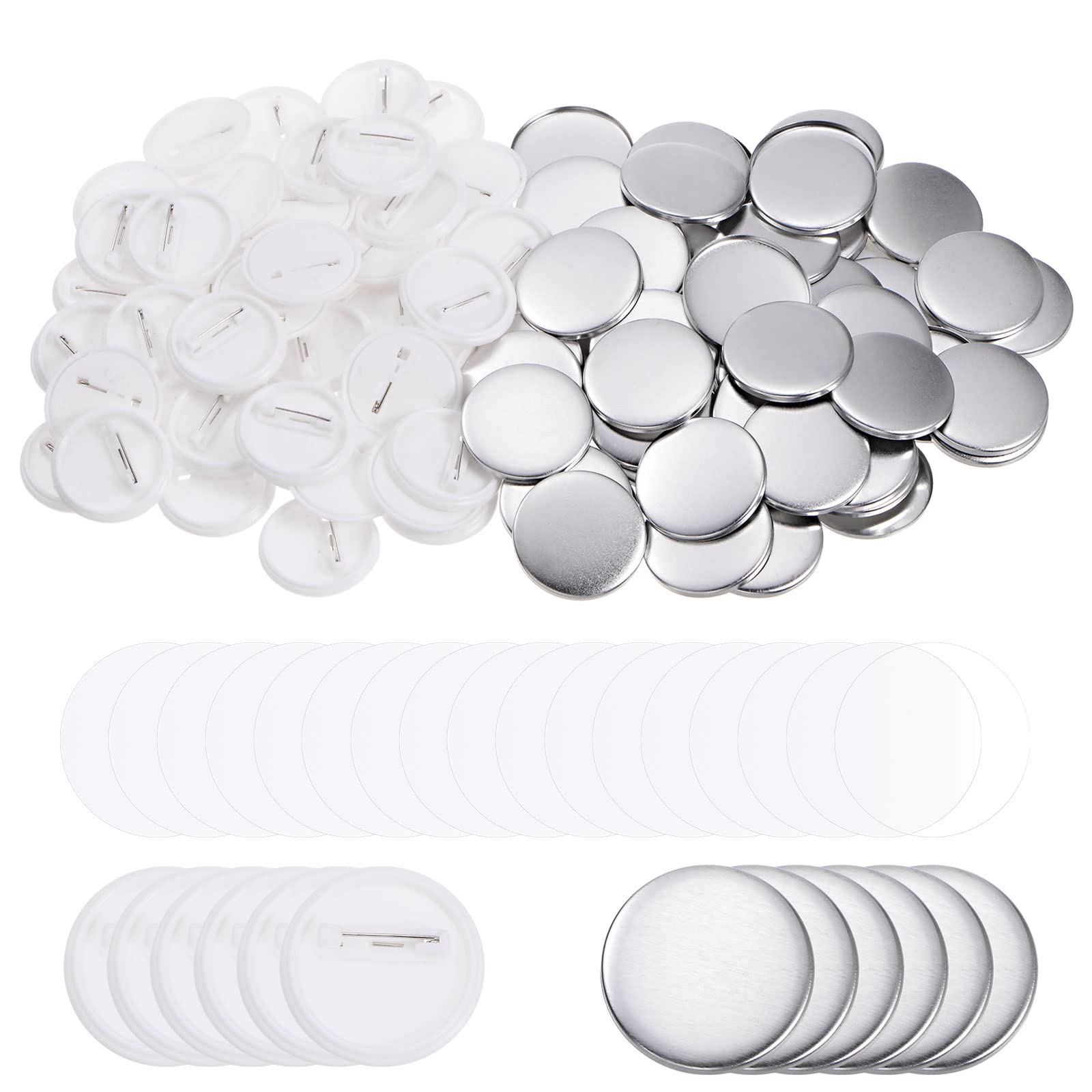 MECCANIXITY Blank Pin Back Button Parts, 32mm 1.26 Inch, 200 Set Sewing Buttons Round Metal Cover Plastic Button Back Clear Film for Button Maker Machine