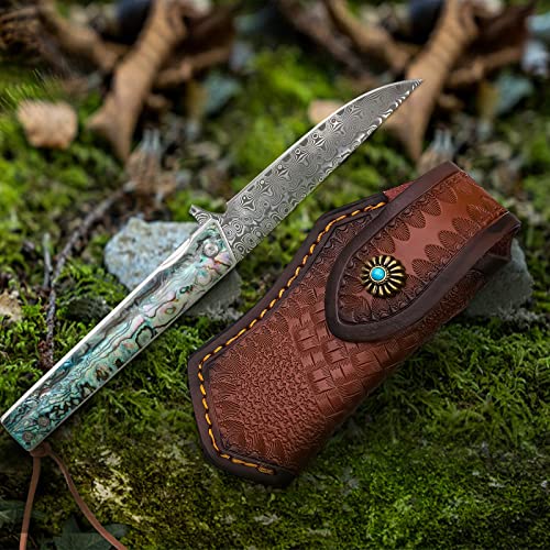 STANBIK Damascus Pocket Knife with Sheath,Abalone Shell Handle With 3.54" Damascu Blade,EDC Folding Knives for Camping Fishing Hiking Outdoor Work.