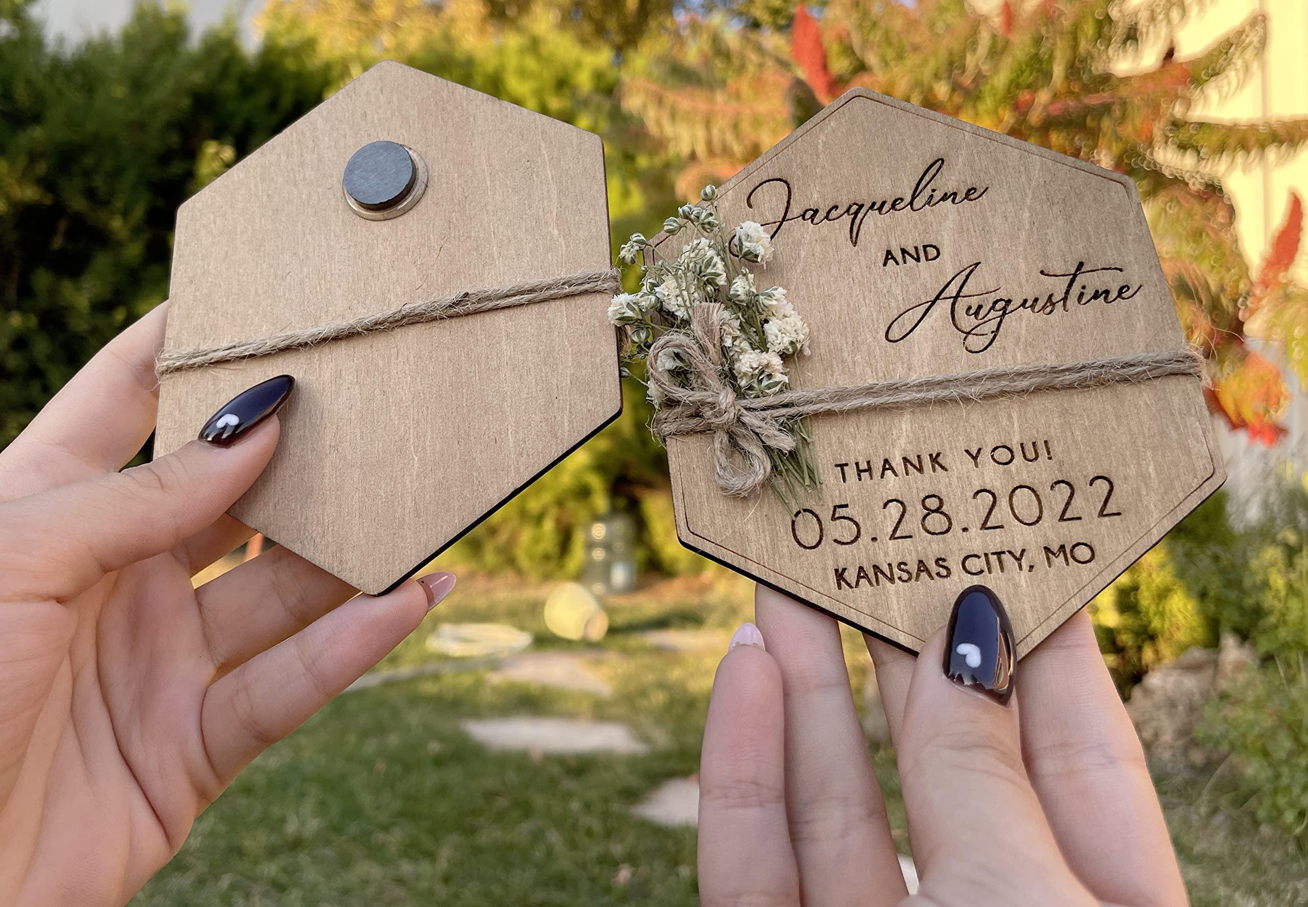 vitawed Hexagon Floral Wedding Favors, Personalized Wedding Favor, Wooden Magnet with Envelopes and Stickers, Pack of 8 to 300