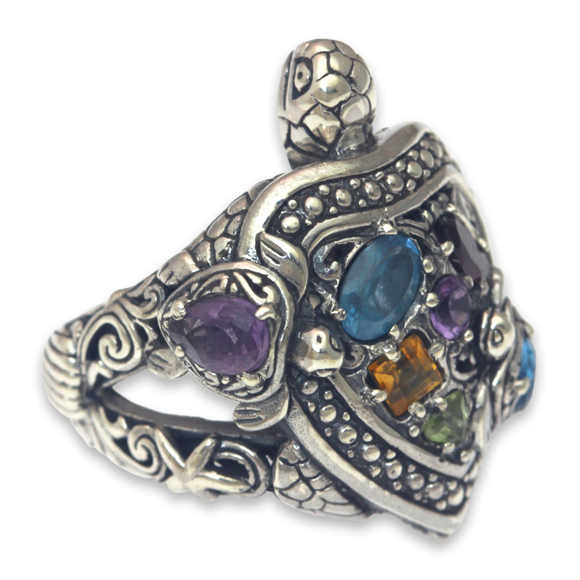 NOVICA Multi-Gem Blue Topaz .925 Sterling Silver Artisan Crafted Ring, Turtle in Paradise'