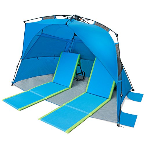 Pacific Breeze Easy Setup Beach Tent Deluxe XL with extendable floor for privacy, SPF 50+ Pop Up Beach Tent provides shade for 4 or more people