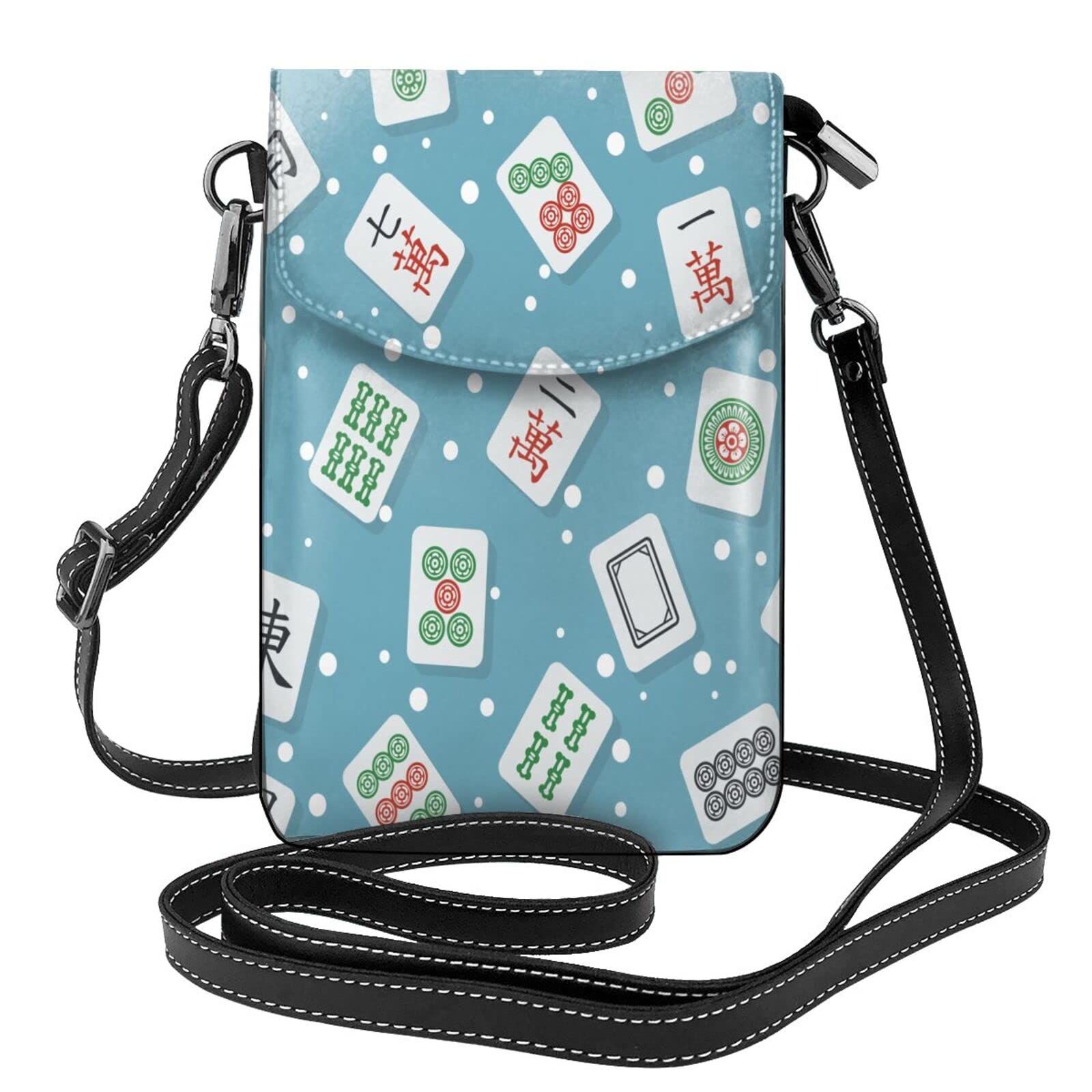 Women Cell Phone Purse Leather Crossbody Bag-Mahjong (Majiang) Tiles Blue Mini Shoulder Bag Card Holder Wallet