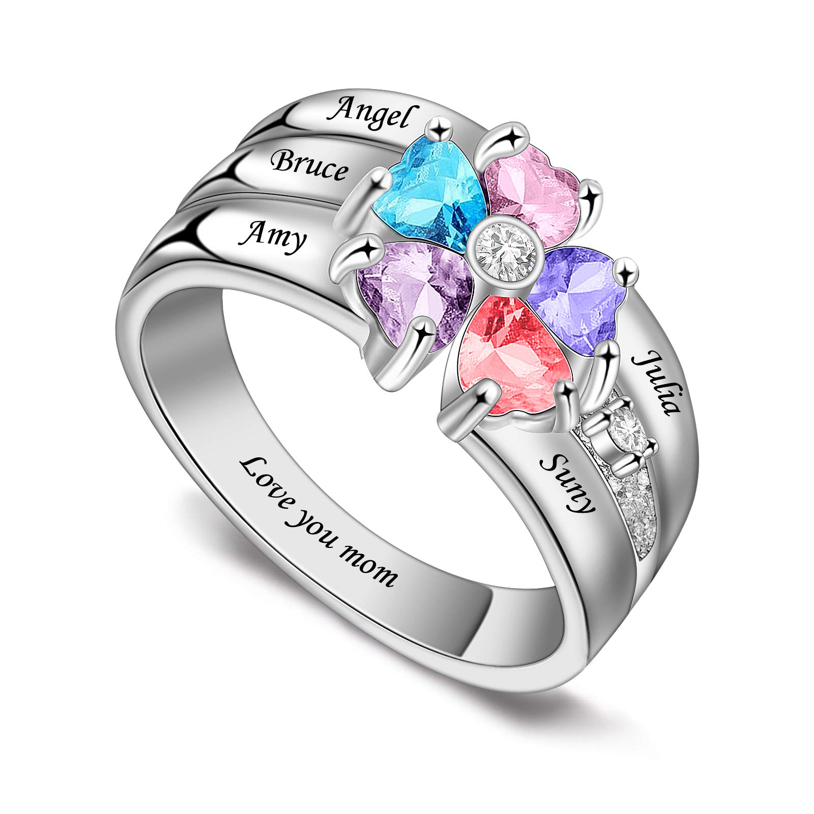 Sterling Silver Personalized Mothers Rings Gifts with 5 Simulated Birthstones Custom Family Name Ring Jewelry for Women Mom Grandmother for Motherβs Day Christmas
