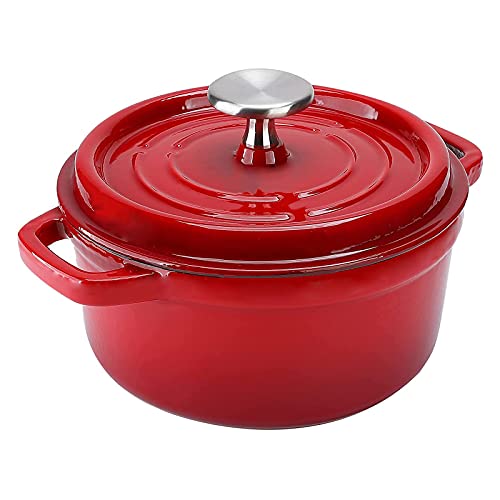 Puricon 4.9 QT Non-Stick Enameled Cast Iron Dutch Oven with Lid, 4.9 Quart Round Enamel Cast Iron Skillet with Loop Handles -Red
