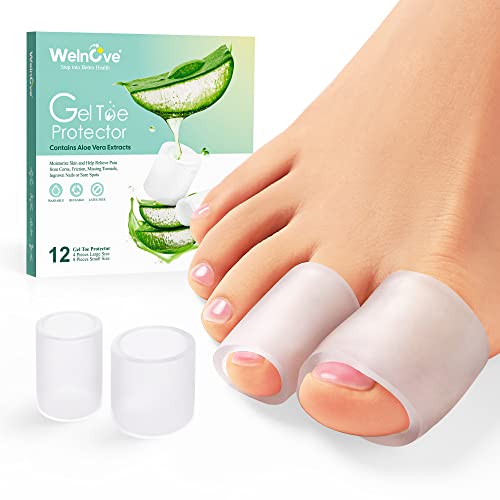Welnove Toe Protectors – 12-Pack Aloe Vera Extract Infused Silicone Toe Sleeve Toe Covers for Hammer Toes, Corns, Calluses, Blisters – Soft Gel Protector Toe Cushions for Pain Relief (Multi-Size)