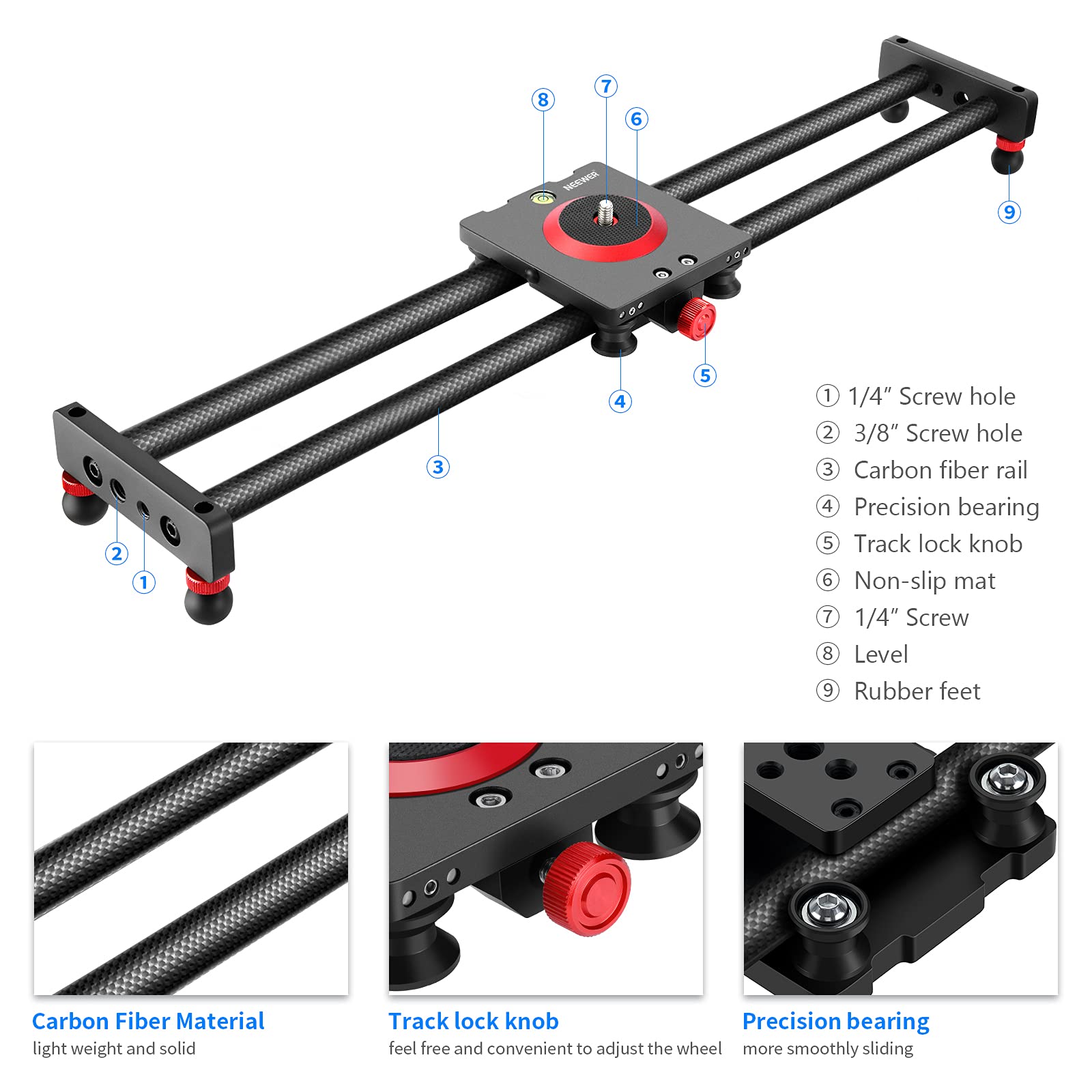 Neewer Camera Slider Carbon Fiber Dolly Rail, 19.7 inches/50 Centimeters with 4 Bearings for Smartphone Nikon Canon Sony Camera 12lbs Loading