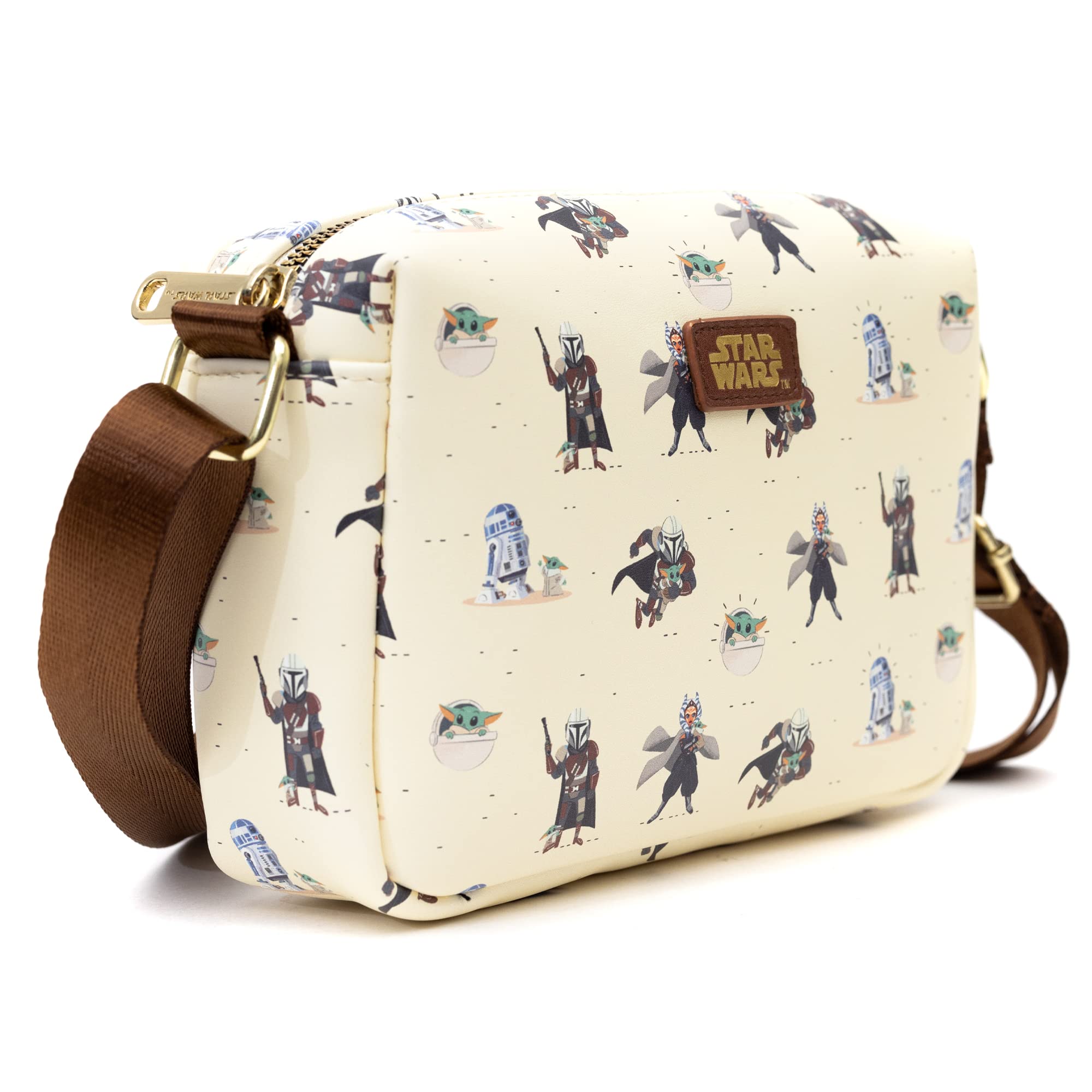 Star Wars Bag, Cross Body, Rectangle, The Mandalorian Character Poses with Grogu Collage, Beige, Vegan Leather