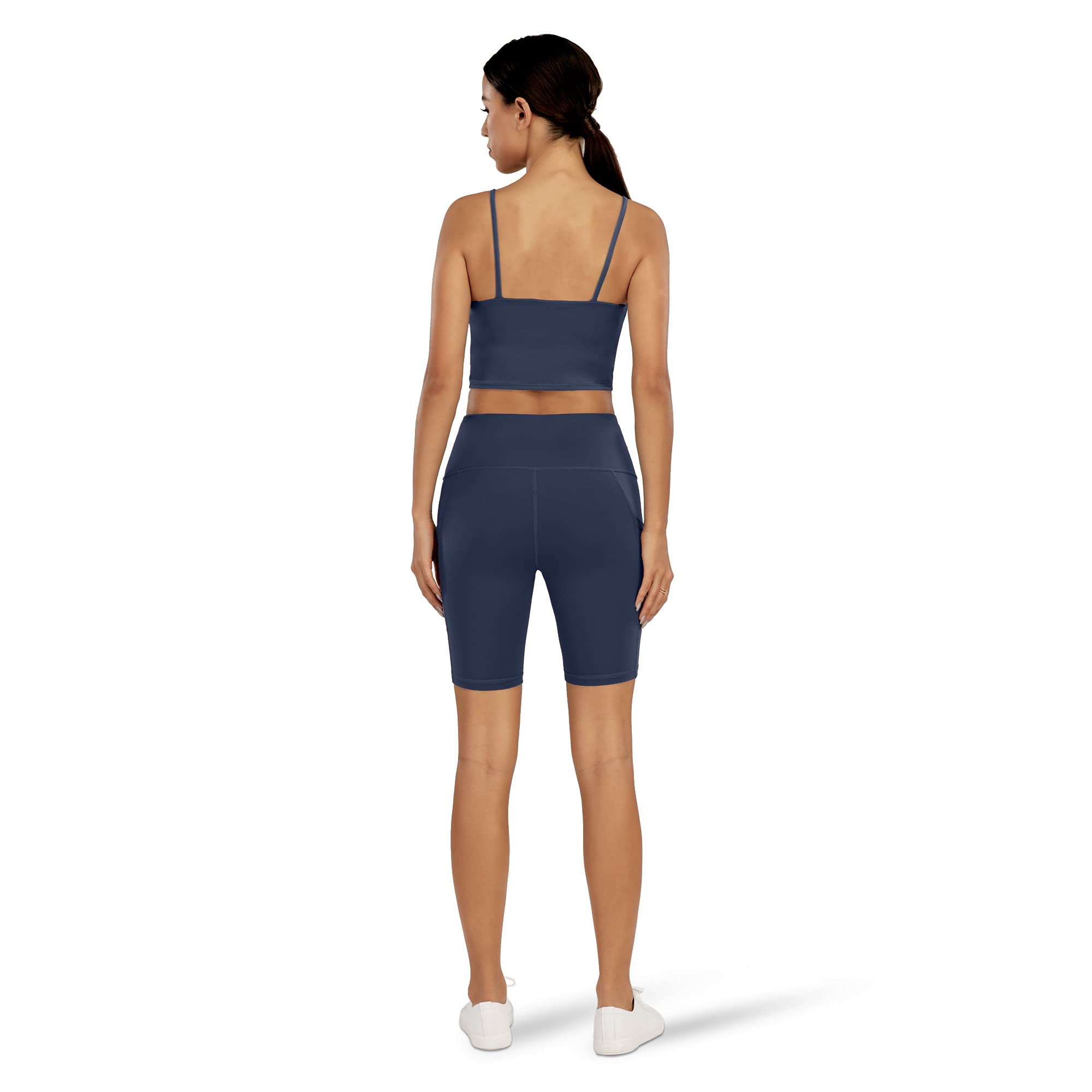 TALACCA Outfits GYM Shorts Set Workout Running Crop Top with Sports Bra, Navy M