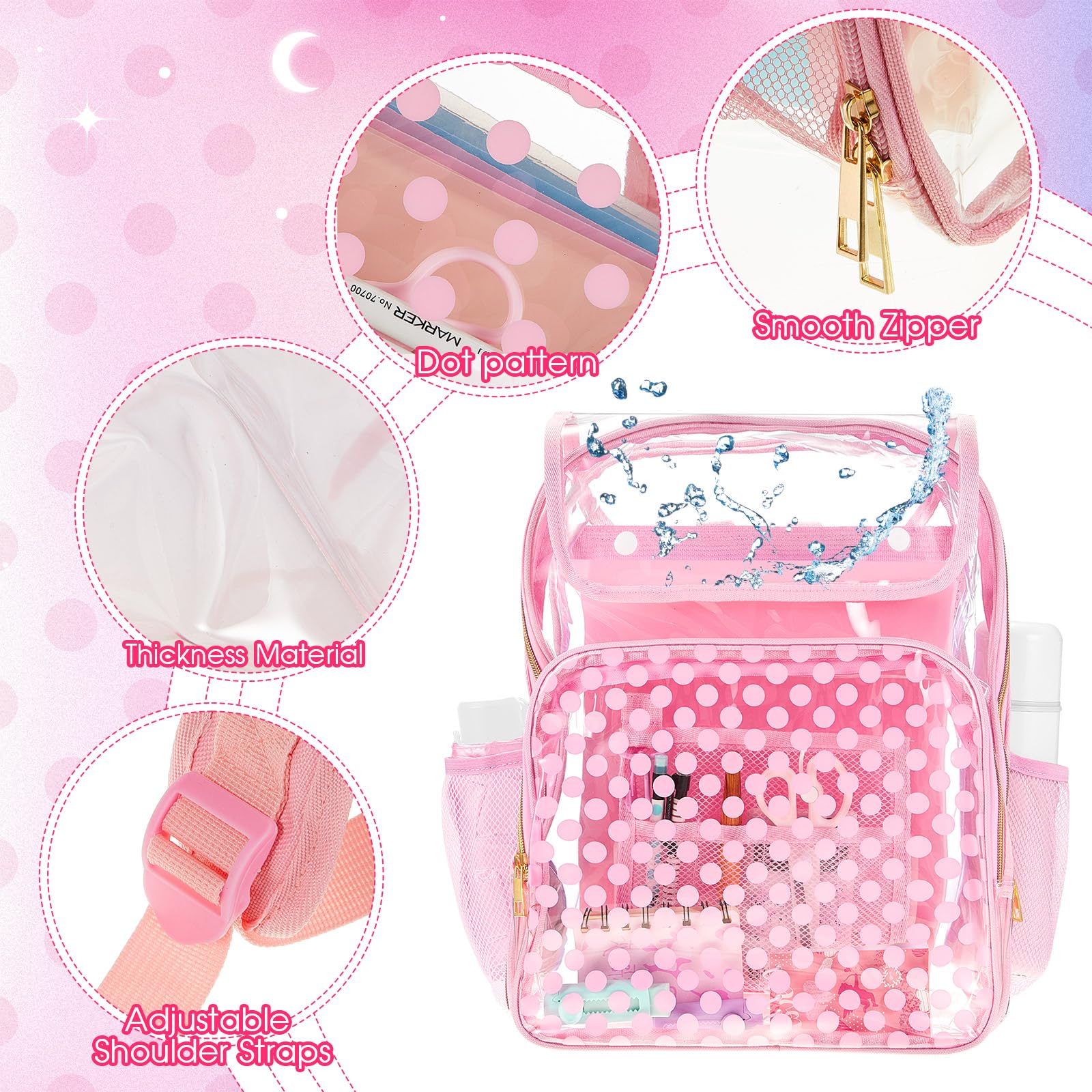 Sanwuta 3 Pcs Clear Backpack for Girls Pink Dots See Through Transparent Backpack Set Heavy Duty School Stadium Approved Book Bag with Lunch Pouch and Pencil Pouch for Kids Girls Boys