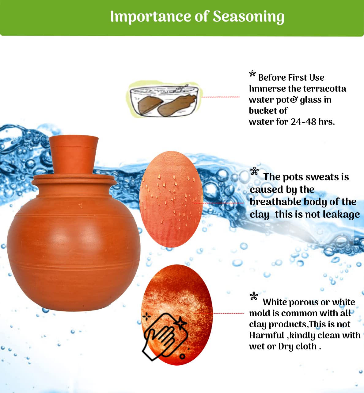 Village Decor Handmade Earthen Clay Water Pot with Lid and Glass (Capacity 6000 ml / 202 oz)