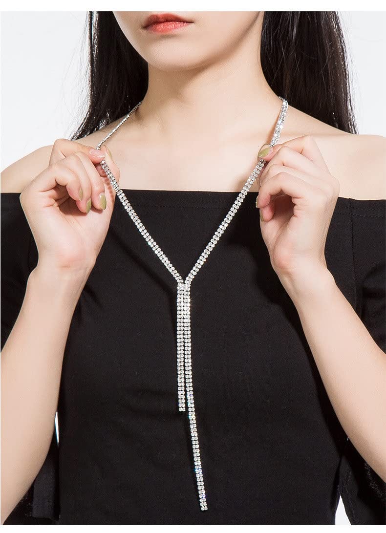 Sither Silver Crystal Necklace for Women Long Sweater Chain Statement Necklace for Wedding Jewelry for Dressy Winter Evening Party