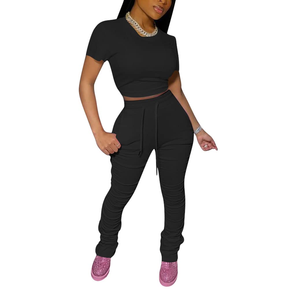 PINSV Women's 2 Piece Outfits Summer Lounge Wear Bodycon Workout Sets Short Sleeve Black L