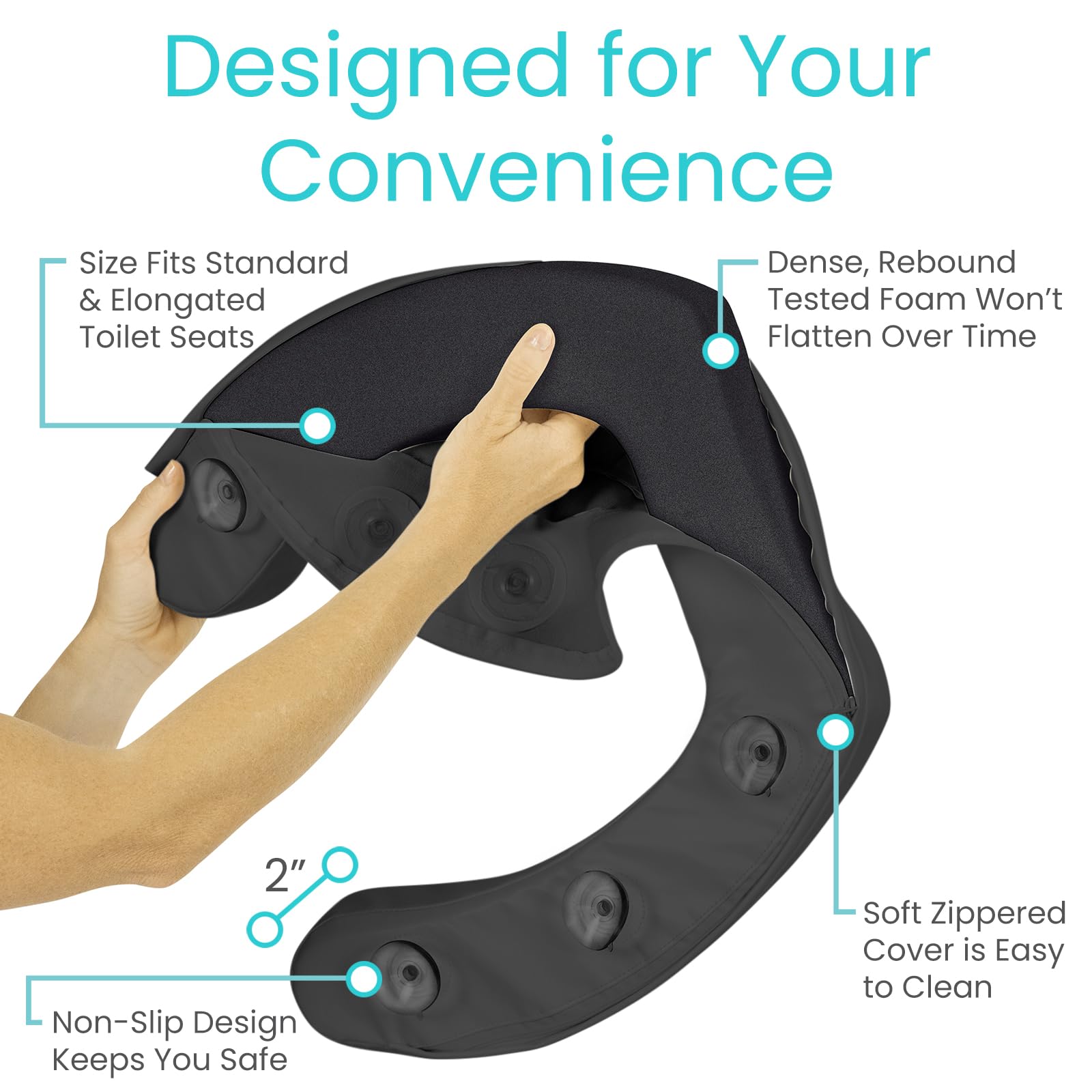 Vive Toilet Seat Cushion (Soft Cushioned Foam) - Easy Clean Soft Padded Bathroom Attachment - Elongated, Standard Seats - Comfort and Support Donut for Handicap, Adults (2" Cushioned Foam, Black)