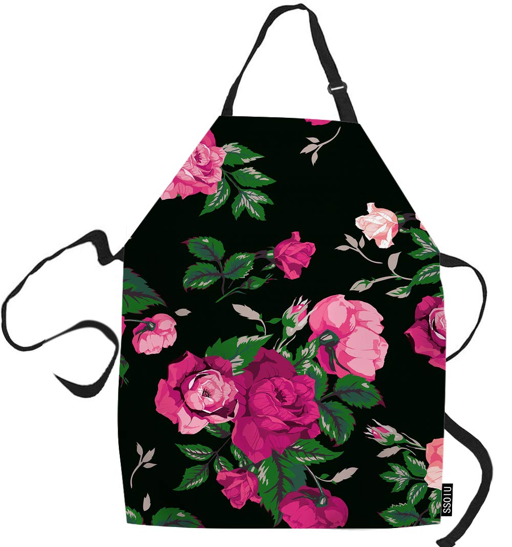 SSOIU Rose Cooking Apron, Red Rose Flower Pink Floral Black Kitchen Apron For Baking/BBQ Men Women Unisex Waterproof 31X27 Inches
