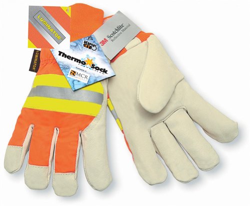 MCR Safety 3440L Luminator Grain Pigskin Thermosock Lining Driver Men's Gloves with Wing Thumb, Cream/Orange, Large, 1-Pair