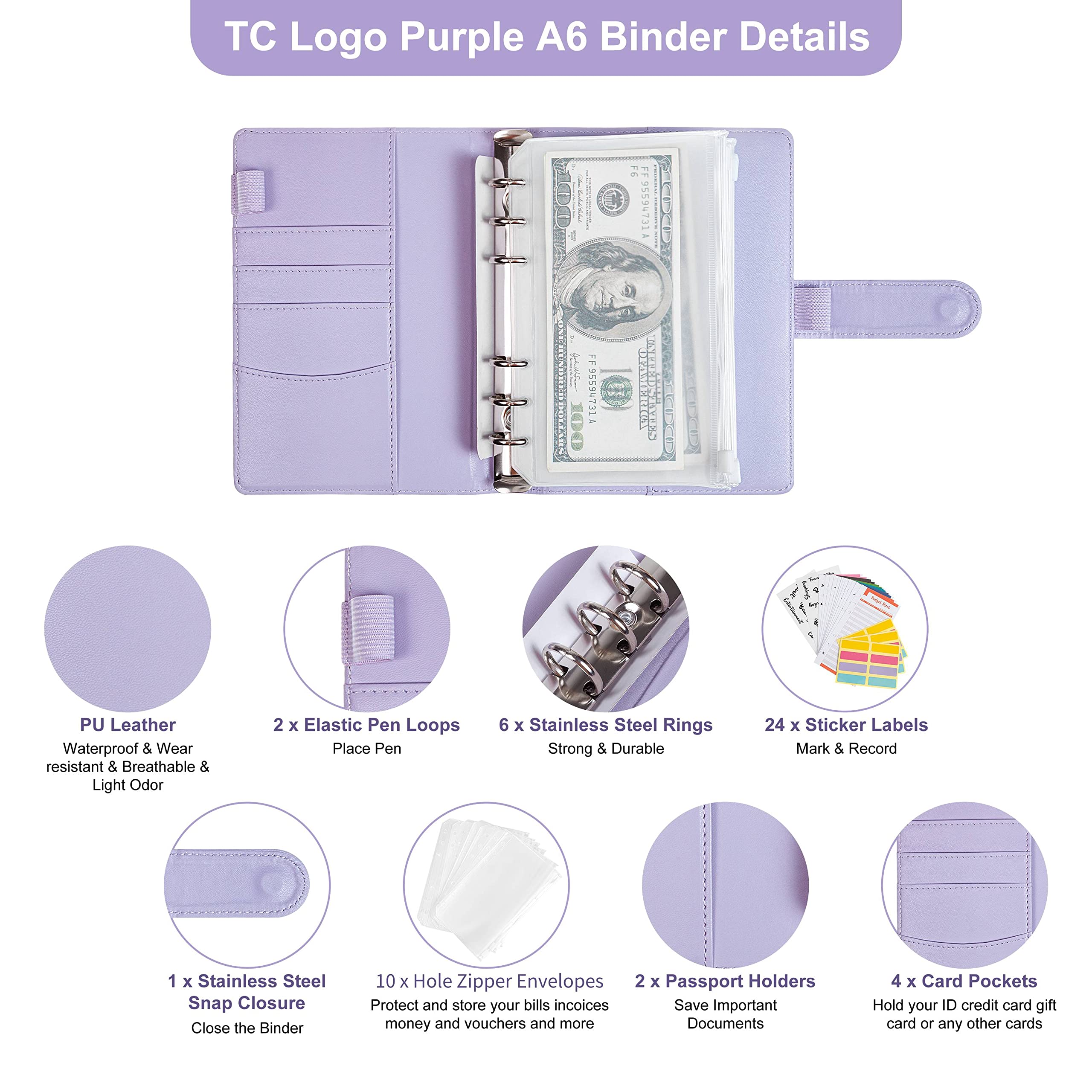 TC Logo Budget Binder Money Organizer with Zipper Envelops, Sheets for Budgeting, Sticker Labels and - 10 Money Saving Cash Envelopes for Binder Budgeting with 24 Sticker Labels