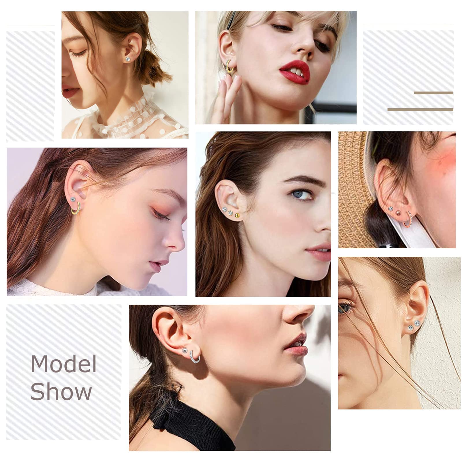 Sterling Silver Stud Earrings for Women, Silver Stud Earrings & Silver Hoop Earrings Set, Small Cartilage Sleepers Studs Hoops Earrings with Cubic Zirconia, Silver Earrings (3mm*3 + 12mm*1)