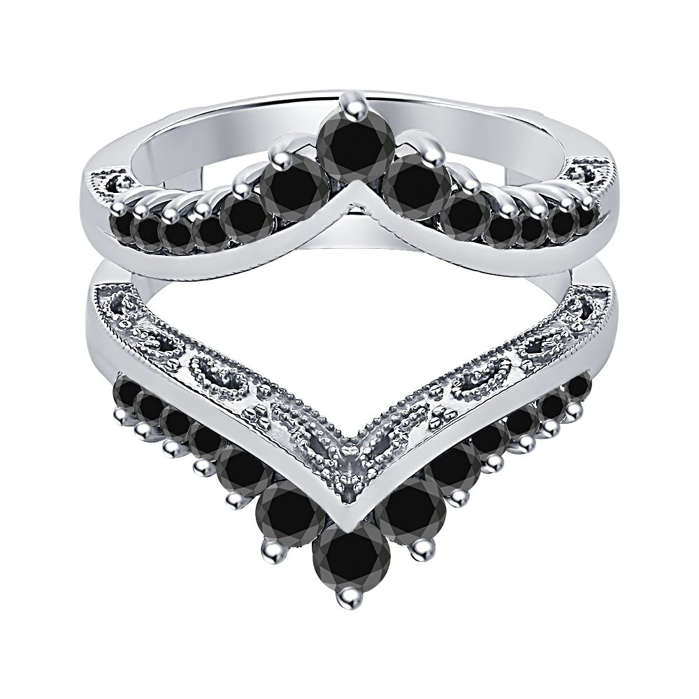 SVC-JEWELS 10K White Gold Over .925 Sterling Silver Round Black Enhancer Crown Wrap Guard Ring For Women's (9)