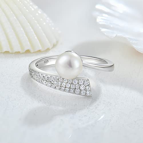 STARCHENIE Pearl Rings for Women Sterling Silver,7mm Pearl Cubic Zirconia Adjustable Rings for Women size7
