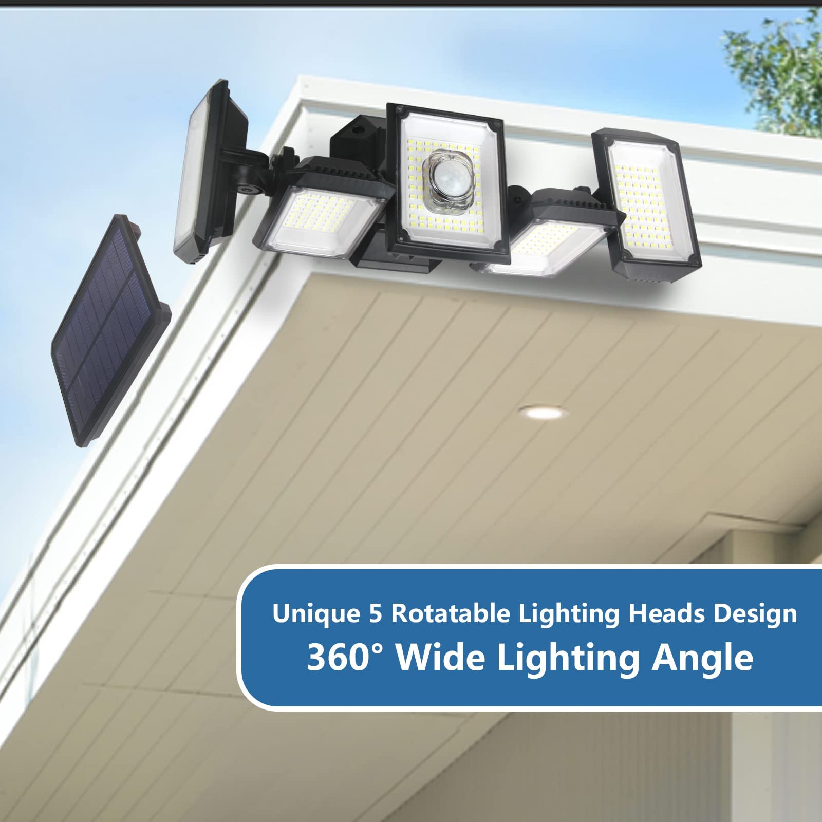 Solar Motion Lights Outdoor Indoor: LED Flood Light with 5 Heads Outside Security Lights Waterproof Solar Powered Light with 4 Lighting Mode - Solar Lighting for Inside House with Remote & Cord