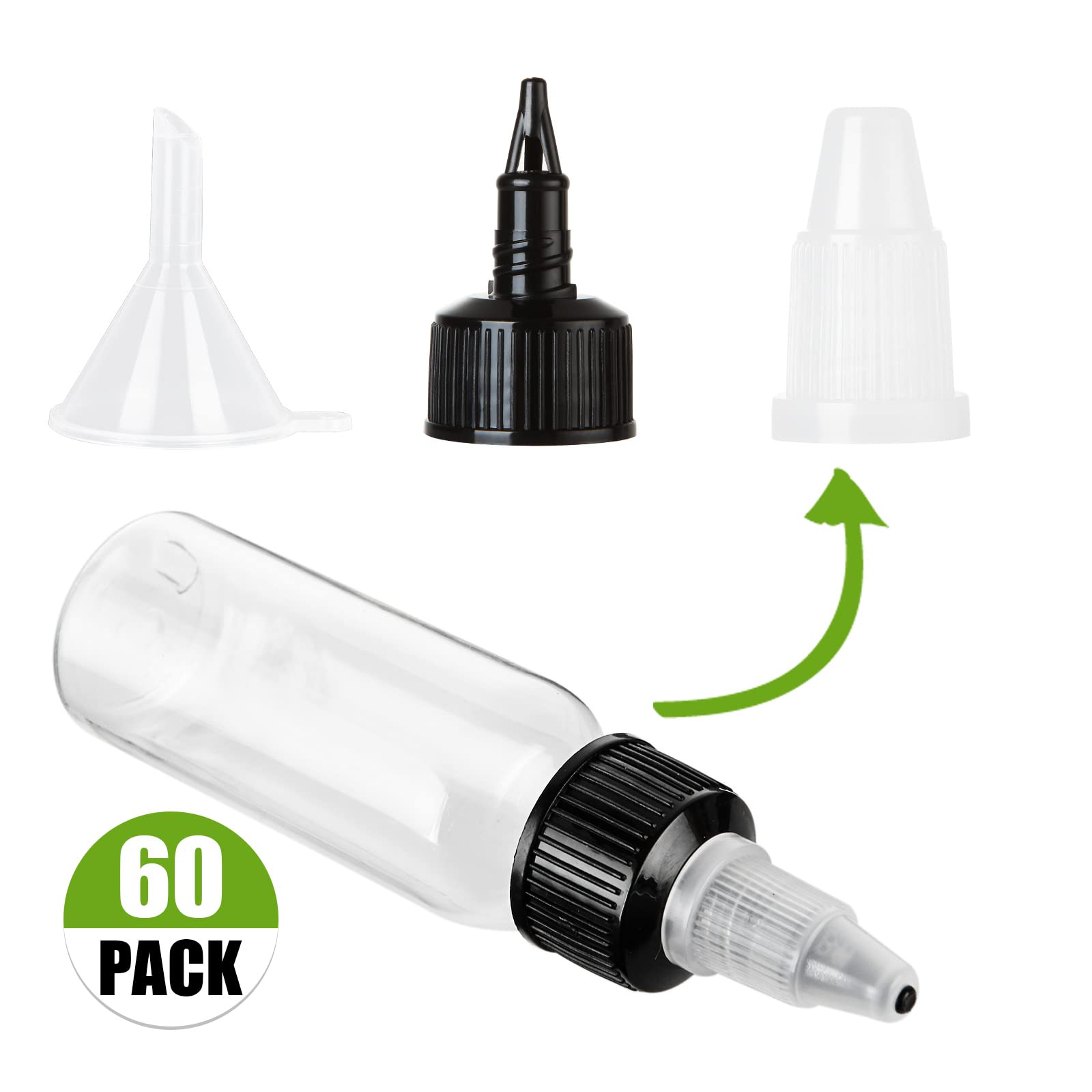ZOFORTY 60 Pack 1oz Boston Dispensing Bottles Plastic Squeeze Bottles with Twist Top Cap Round HDPE Bottles for Crafts, Liquids, Inks, Kitchen, Household