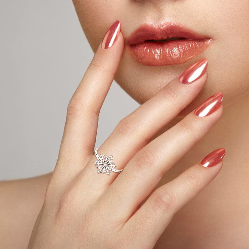Sterling Silver Snowflake Ring Diamond Zirconia Crystal Christmas Snowflake Rings for Women Cute Dainty White Holiday Jewelry Gift Size 6