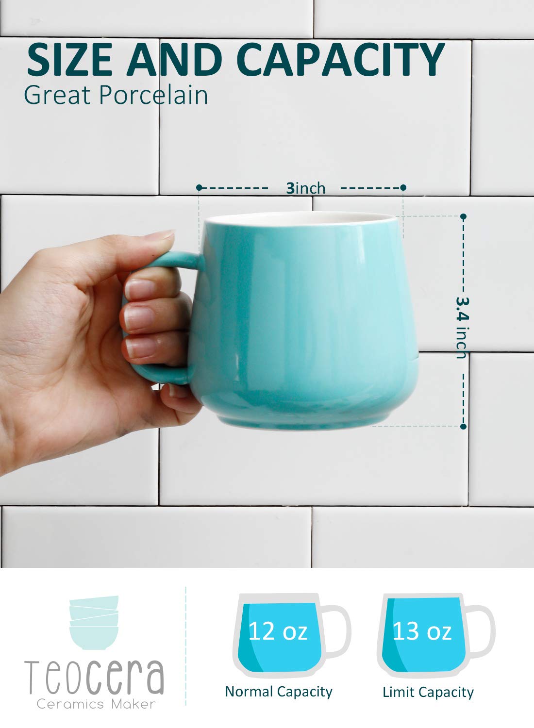 Teocera Porcelain Coffee Mugs Set of 4-12 Ounce Coffee Cups with Handle for Hot or Cold Drinks like Cocoa, Milk, Tea or Water - Smooth Ceramic with Modern Design, Turquoise