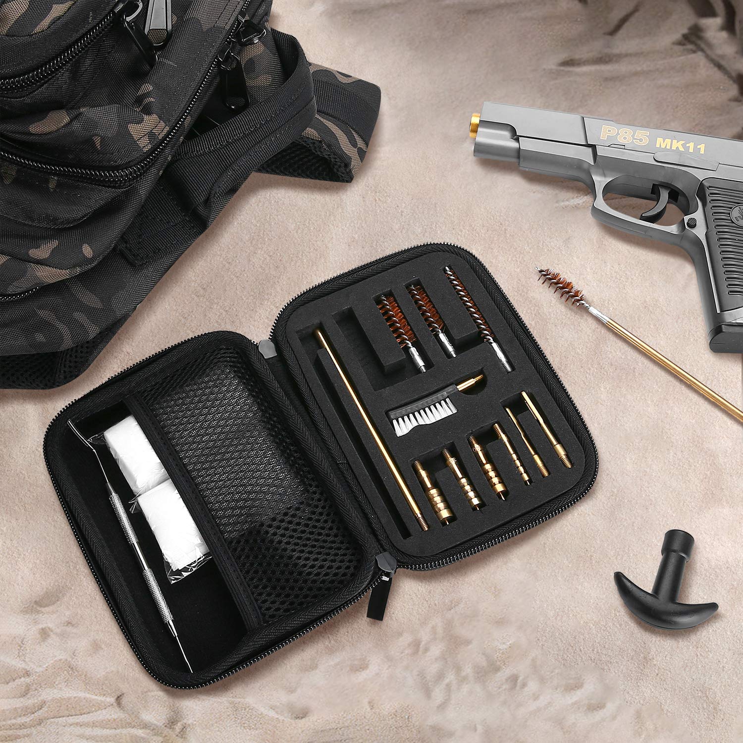 ProCase Universal Handgun Cleaning Kit for .22 .357 .38, 9mm .40 .45 Caliber Pistol, Zippered Compact Case with Brass Brush, Jag, Slotted Tip, Cleaning Pick, Cleaning Rod and Cleaning Patches -Black