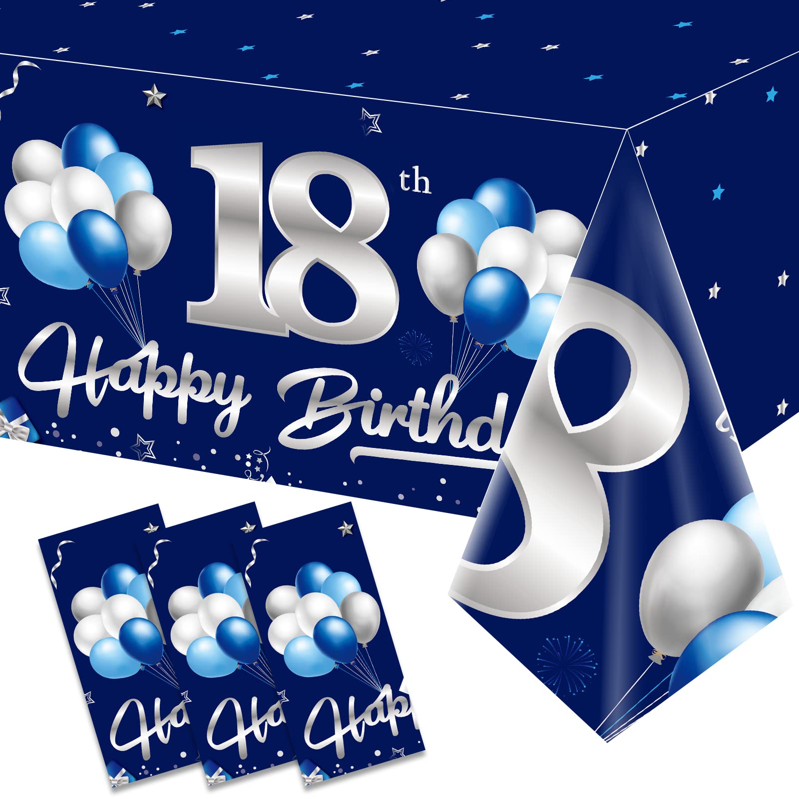 Turypaty 3 Pack Blue Silver 18th Birthday Tablecloth Decorations for Boy, Navy Blue Happy 18 Table Cover Party Supplies, Eighteen Years Old Birthday Disposable Rectangular Table Cloths